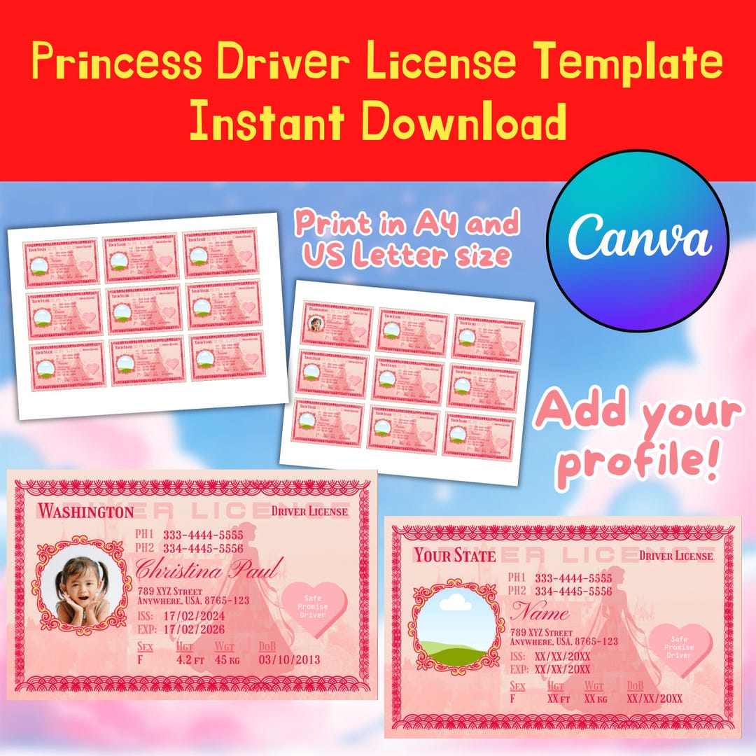 Personalized Princess Driver License Template, Photo ID (digital ...