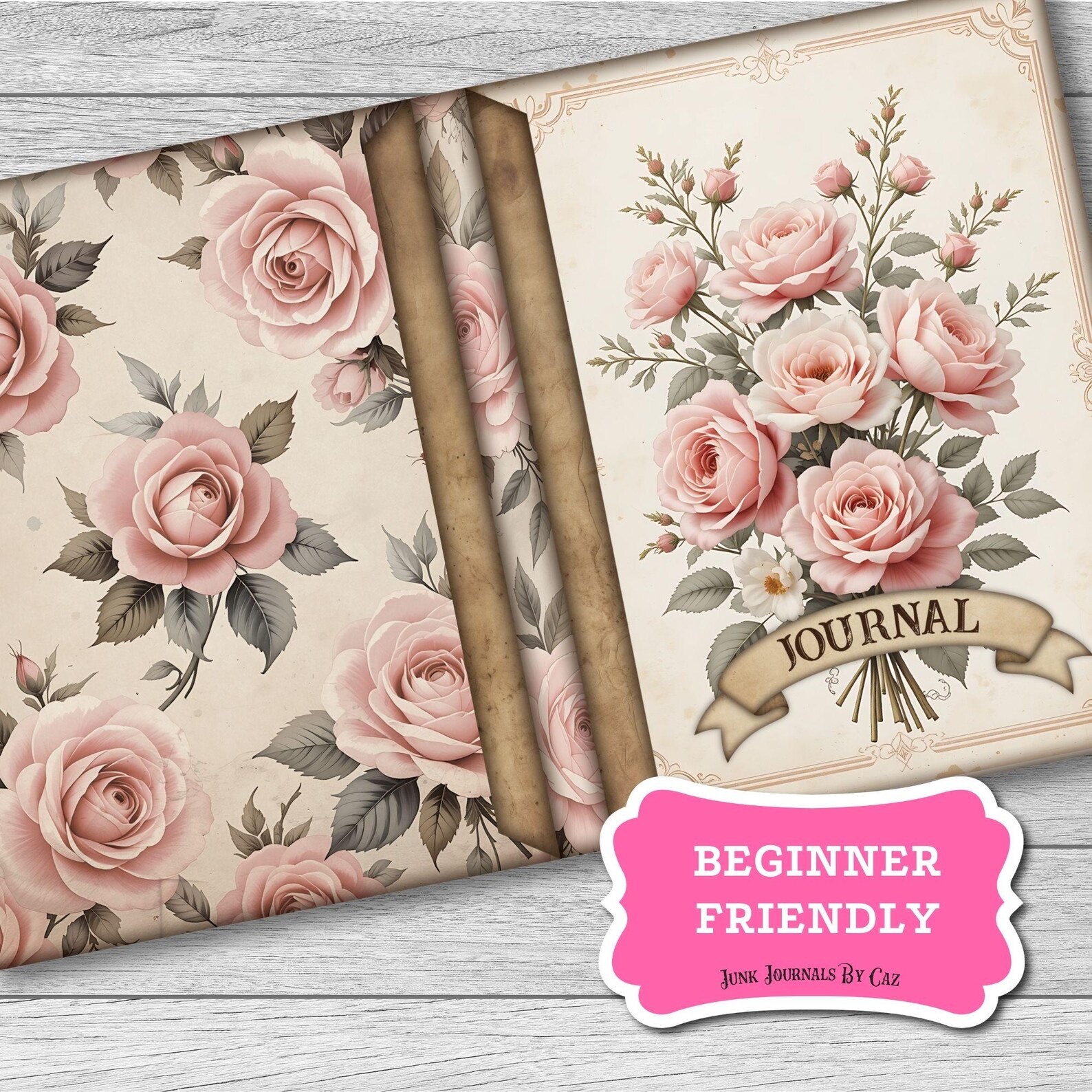 Shabby Pink Rose Junk Journal Kit: Vintage Floral Ephemera (digital ...
