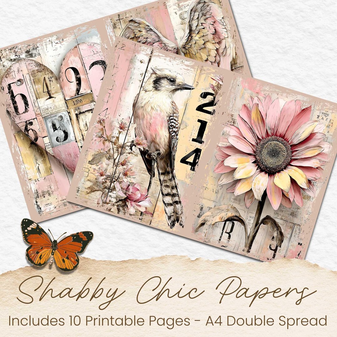 Shabby Chic Double Spread Junk Journal Papers, Printable, Butterflies ...