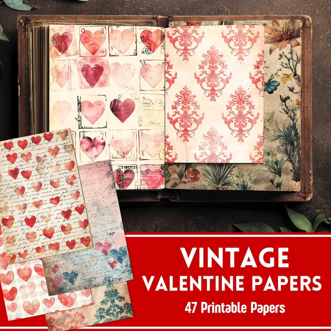 Vintage Valentine Junk Journal Papers, Red and Pink Heart Digital Paper ...