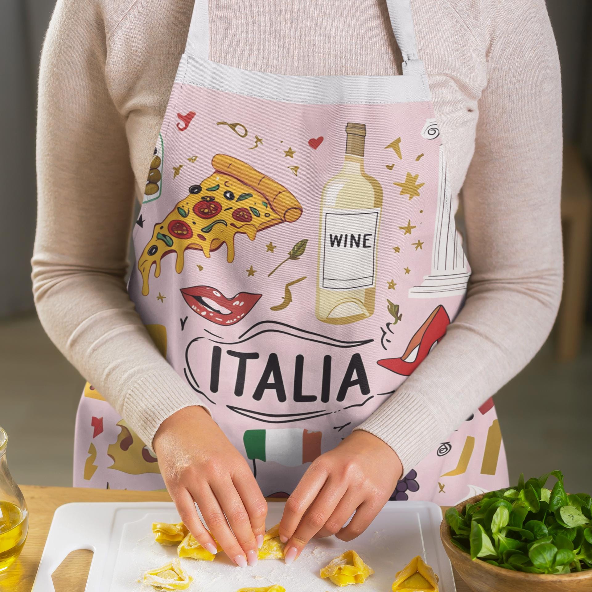 Kitchen Apron, Italian Themed Pink and White Cooking Apron, Chef Apron ...
