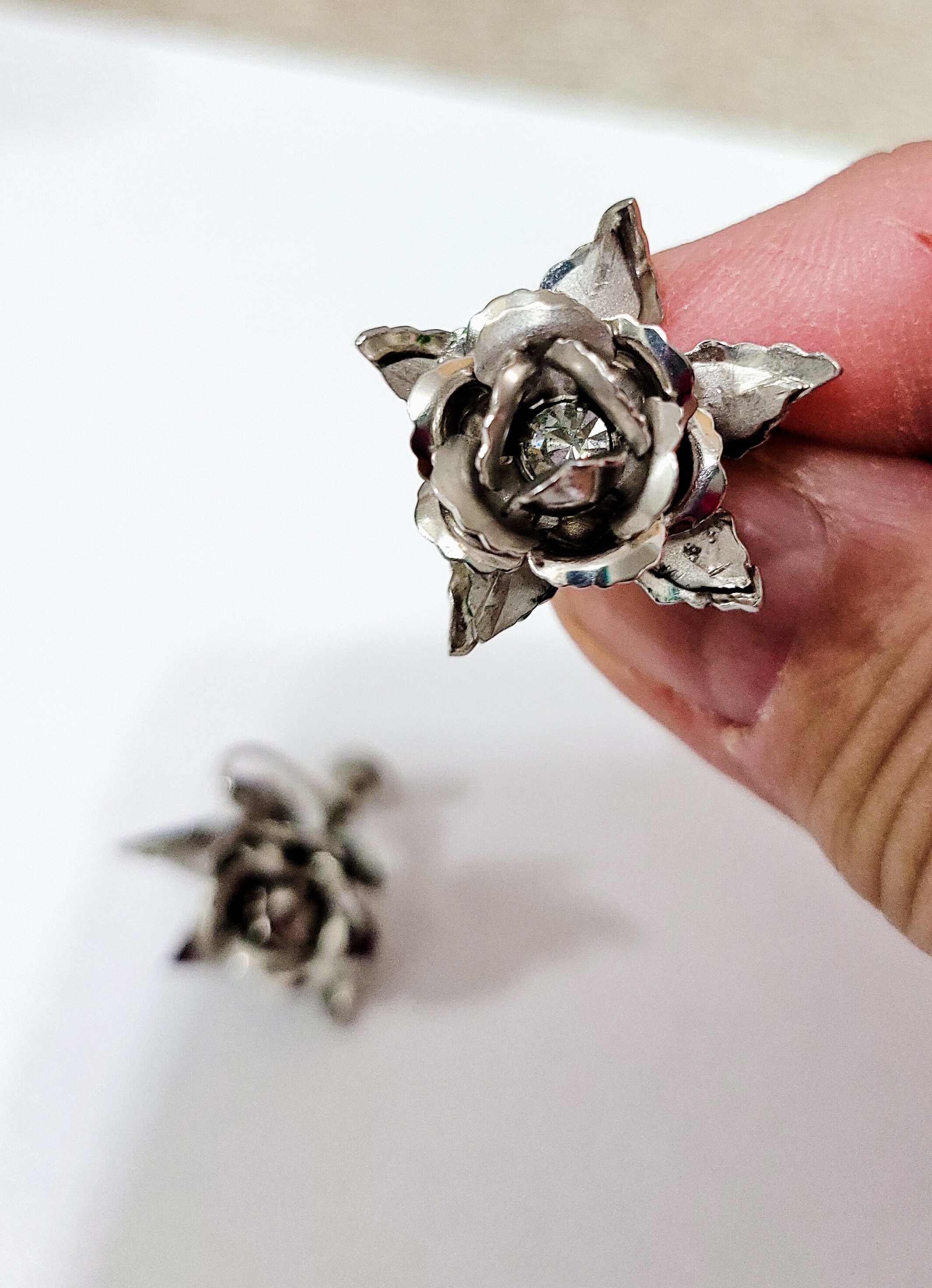 Vintage Silver Tone Rose Design With Center Rhinestone BN Bugbee ...