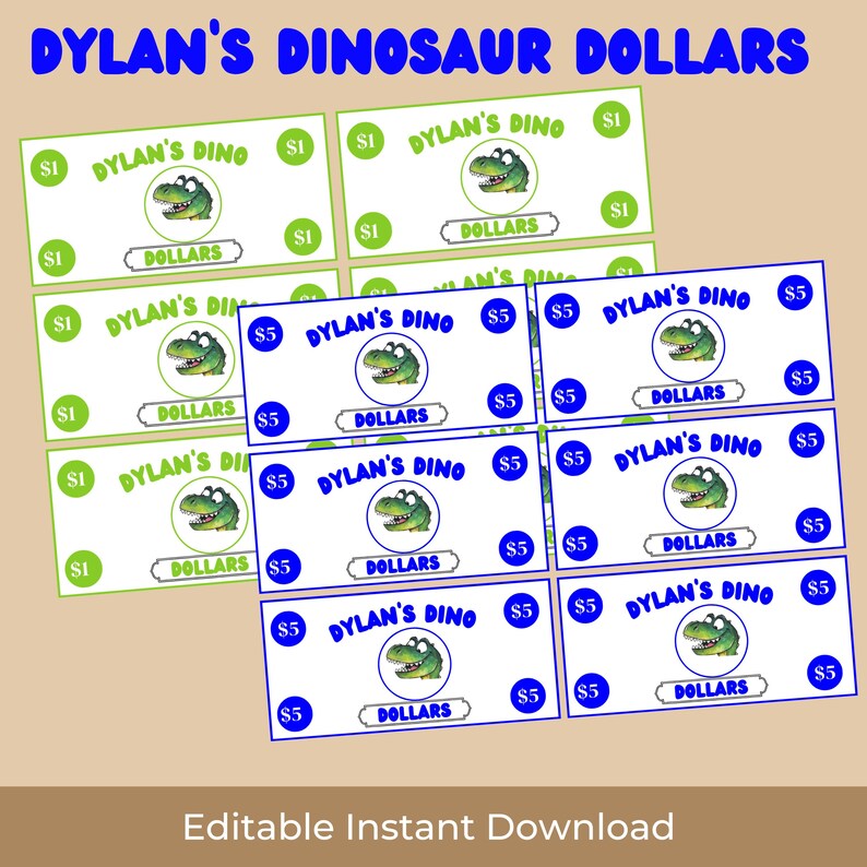Kids Reward System Printable Mom Bucks Dinosaur Coupon Play Money Good ...