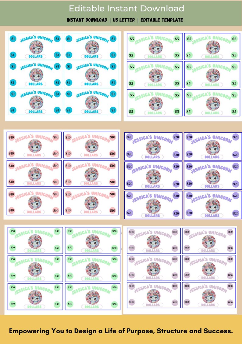 Kids Reward System Editable Printable Mom Bucks Unicorn Coupon Play ...