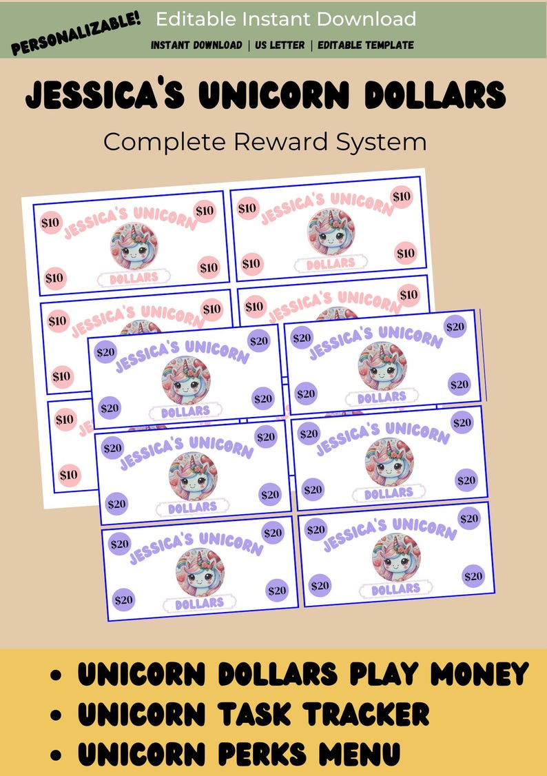 Kids Reward System Editable Printable Mom Bucks Unicorn Coupon Play ...