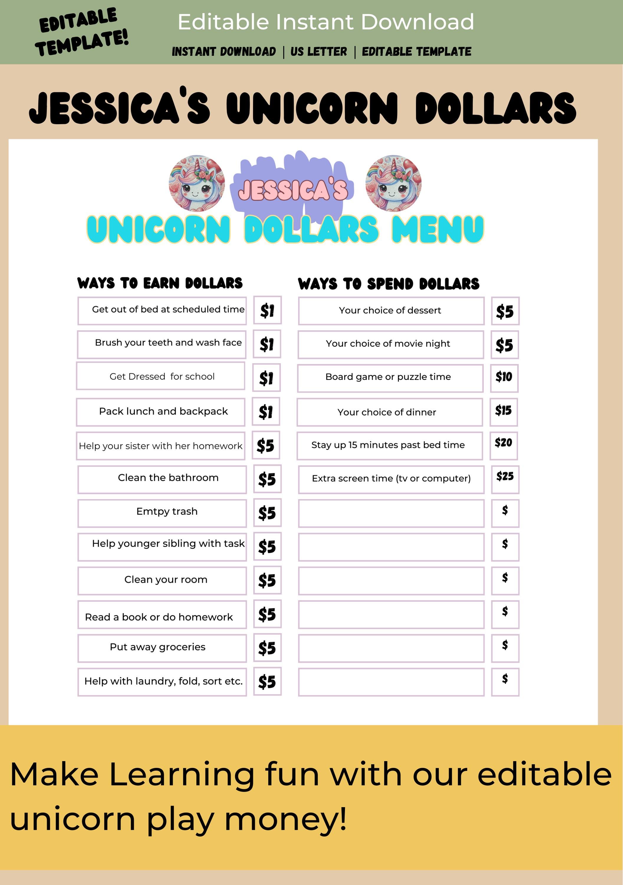 Kids Reward System Editable Printable Mom Bucks Unicorn Coupon Play ...