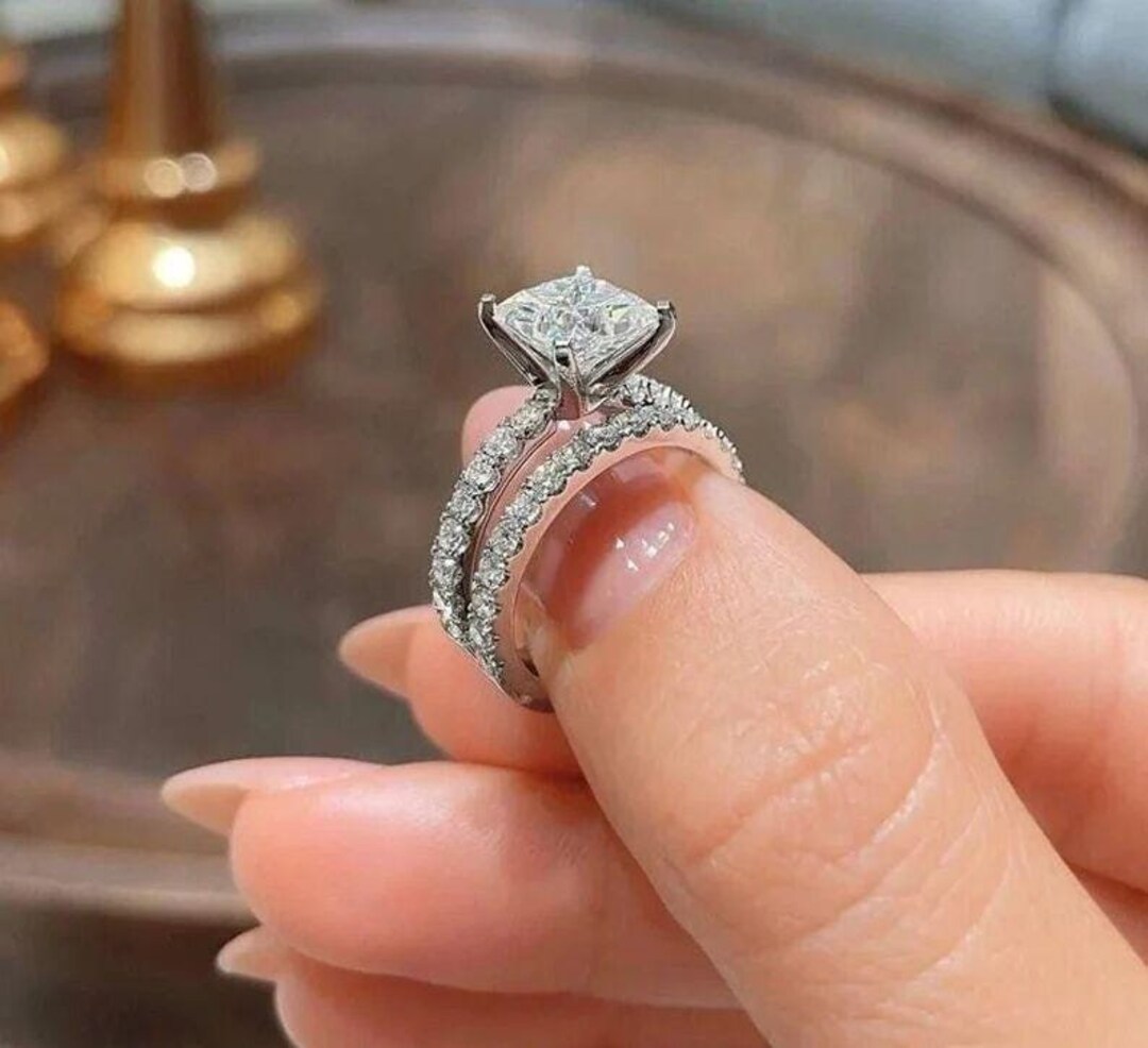2 CT Princess Cut Moissanite Wedding Ring Set, Princess Cut Bridal Ring Set, Round Moissanite ...