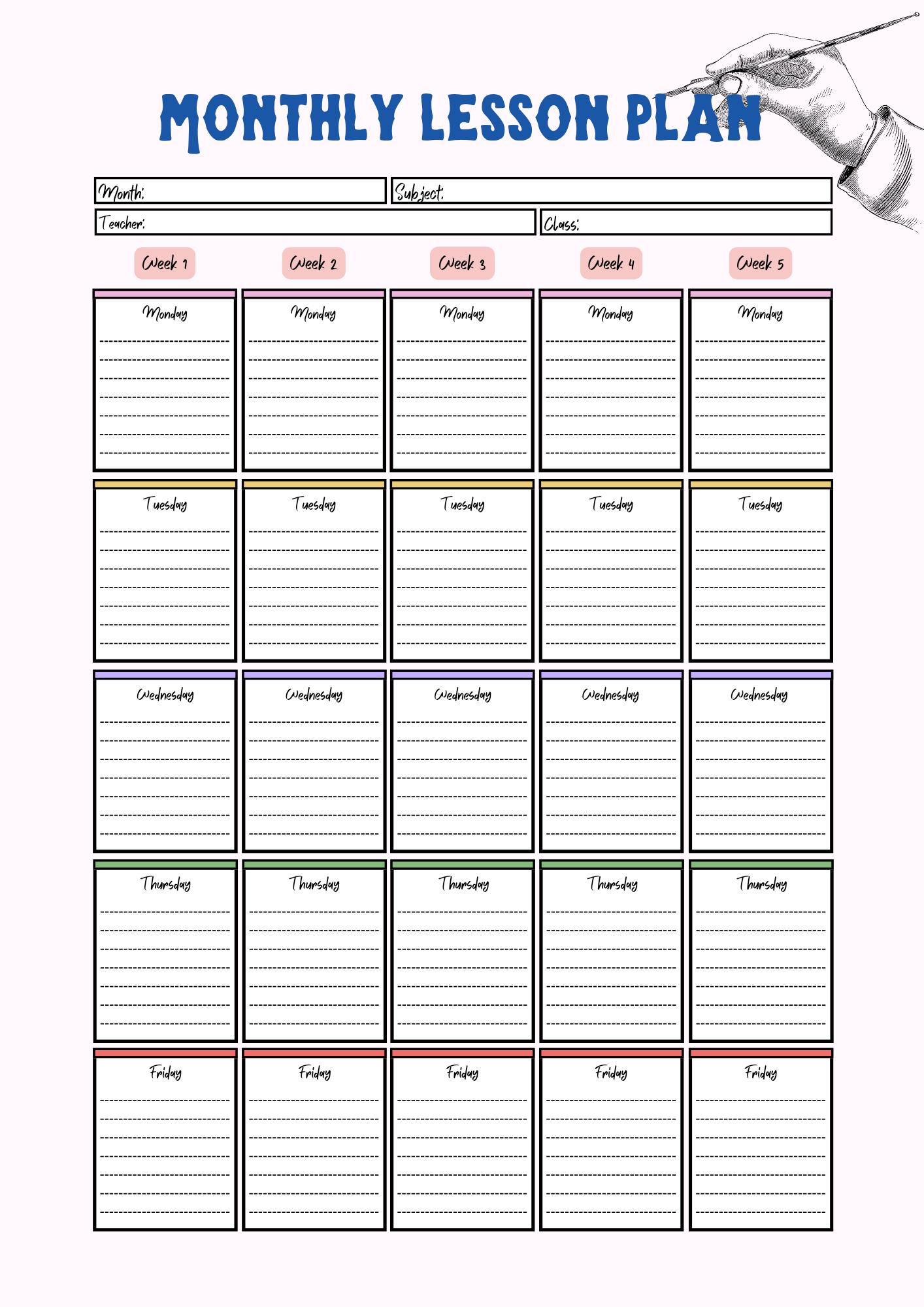 Monthly Lesson Plan Template | Printable Teacher Planner | Weekly ...