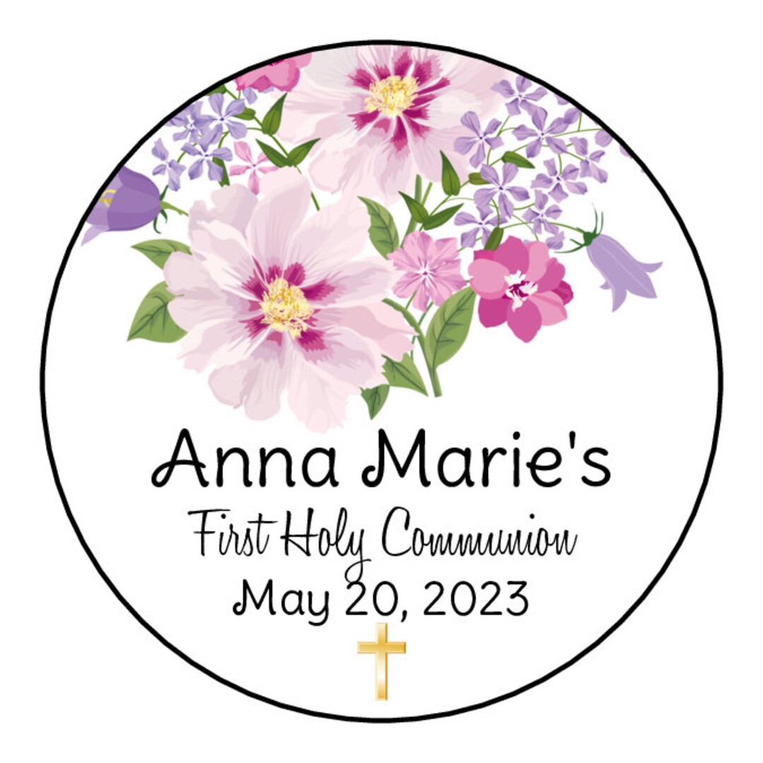 First Communion Labels - Pink Purple Favor 36 Stickers First Communion ...