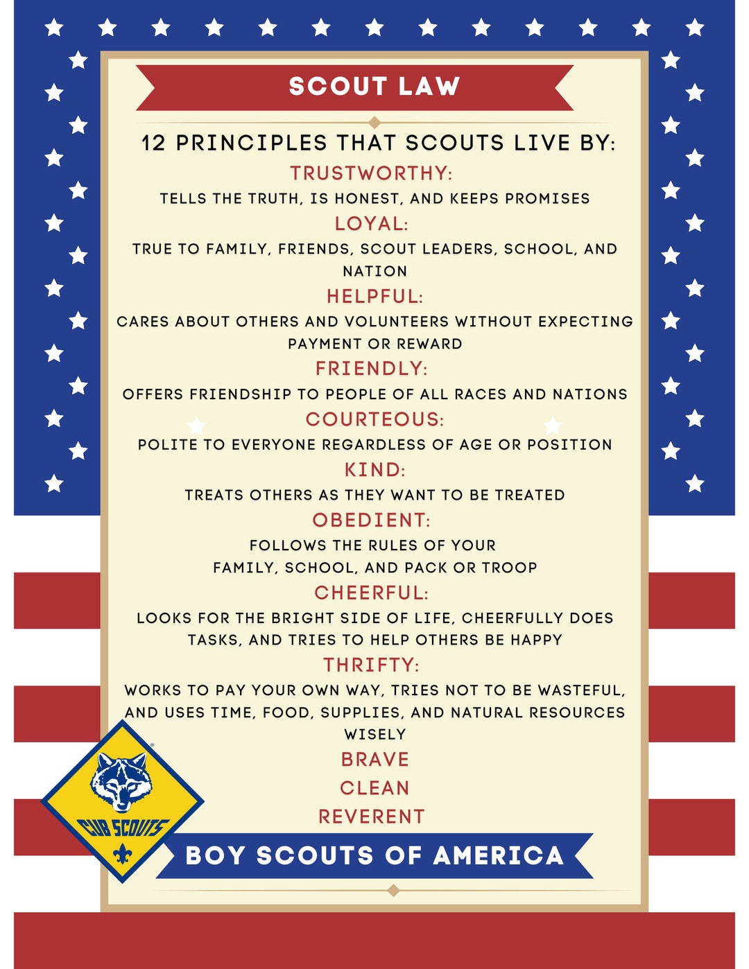 Boy Cub Scout Law Oath 2 Pages Digital File Blue Gold Event or Meetings ...