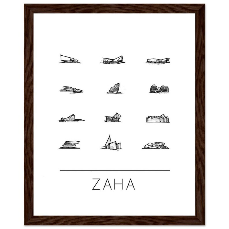Zaha Hadid Architecture Poster - 12 Hand-drawn Designs in Wooden Frame ...