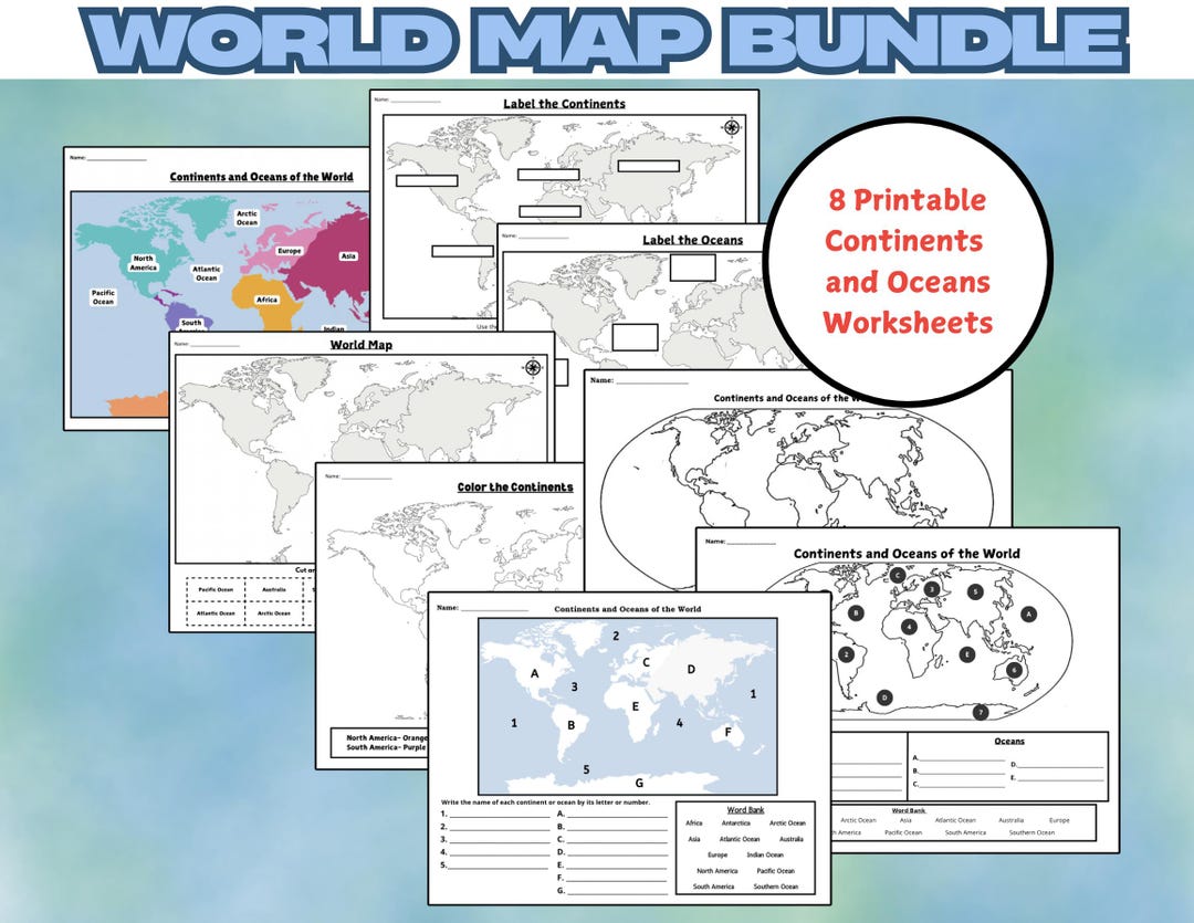 World Map Worksheet Bundle: Continents & Oceans Activity (printable) - Etsy