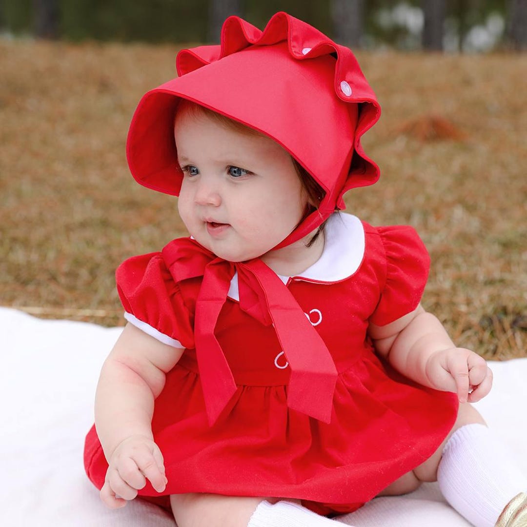 Red Monogrammed Baby Bonnet With Red Piping and Buttons. Custom ...