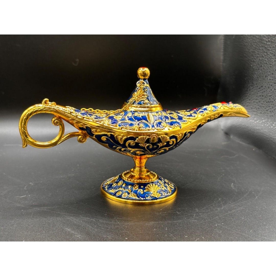 Aladdin Genie Replica Lamp Arabian Metal Gold and Navy Blue With Red ...