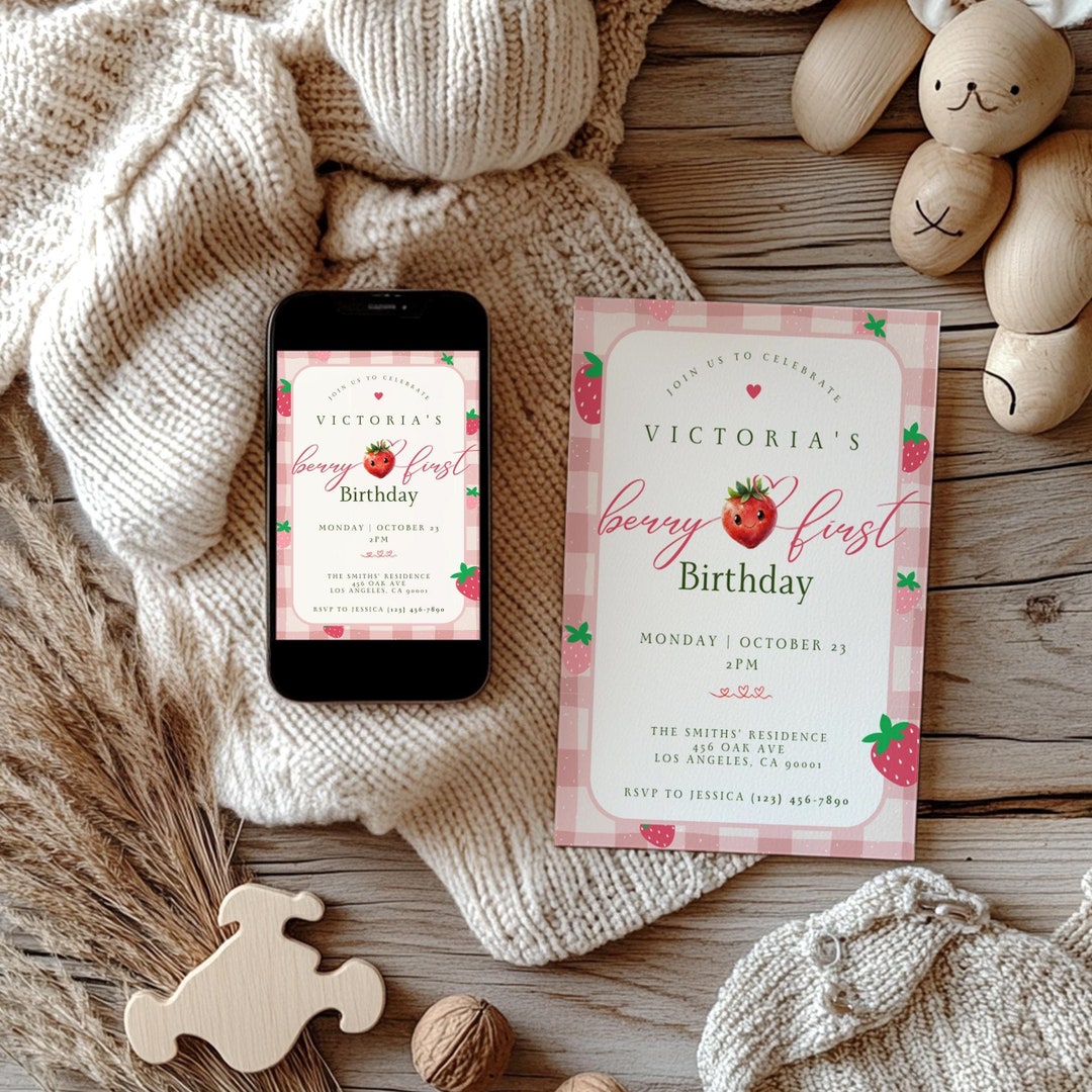 Editable Berry First Birthday Invitation, Pink Strawberry Girl Canva E ...