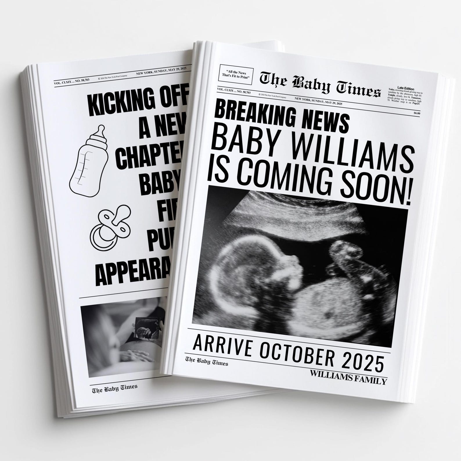 New Baby Announcement Newspaper Template, Custom Pregnancy Reveal, Baby ...