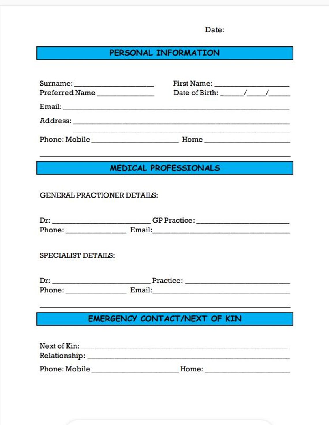 Patient Contact Details Template - Etsy