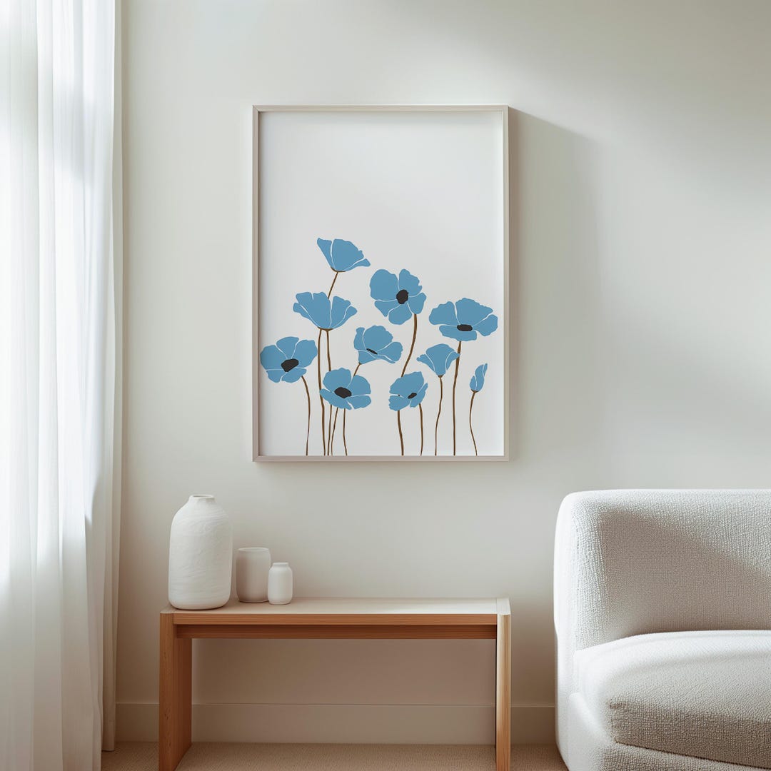 Minimalist Wall Art, Blue Flowers Print, Botanical Print, Digital ...