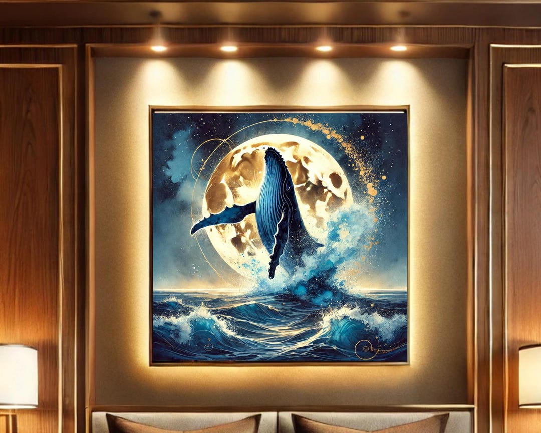 Square Frame Feng Shui Whale Wall Art, Moon & Ocean Energy Canvas Print ...