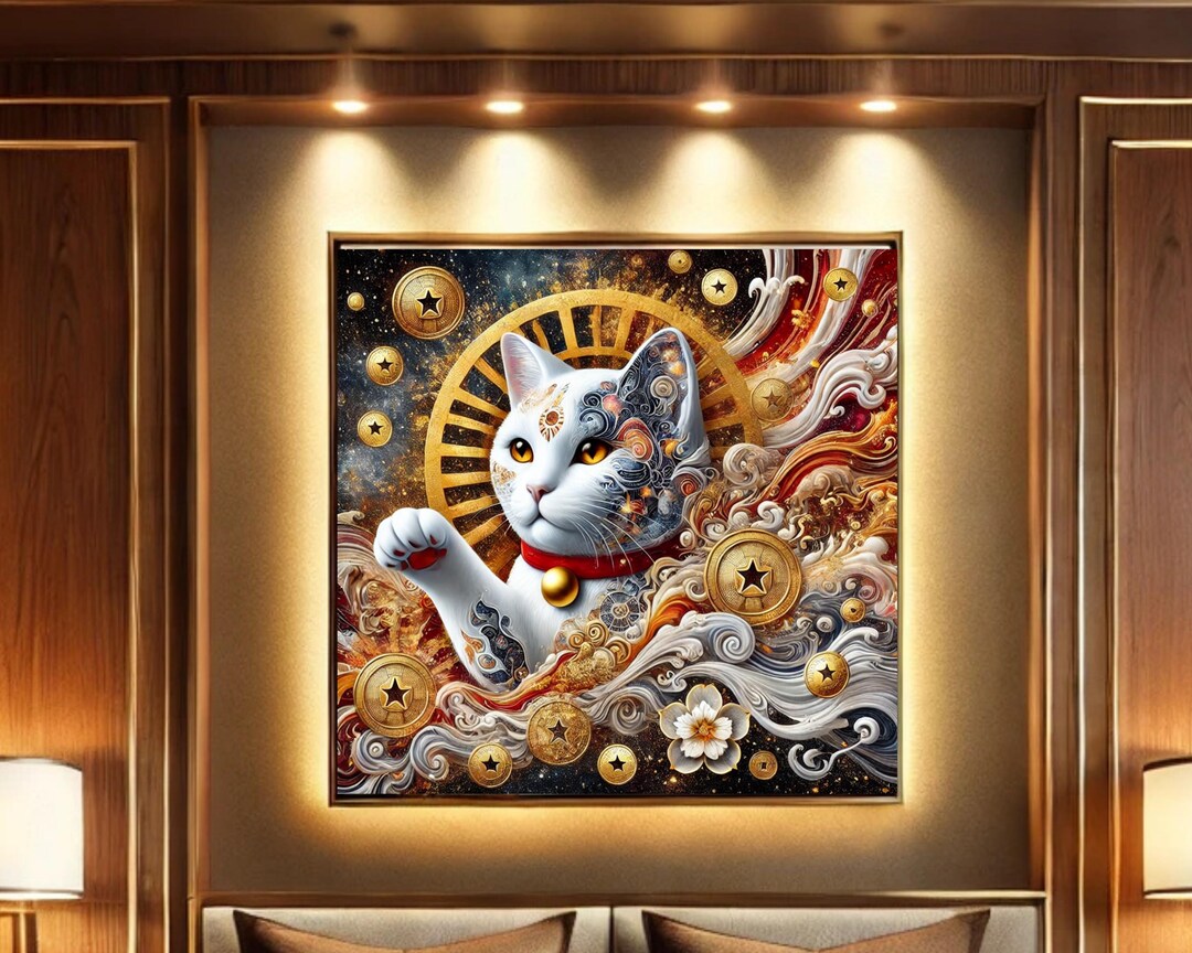 Square Frame Feng Shui Lucky Cat Wall Art -maneki Neko Canvas Print ...