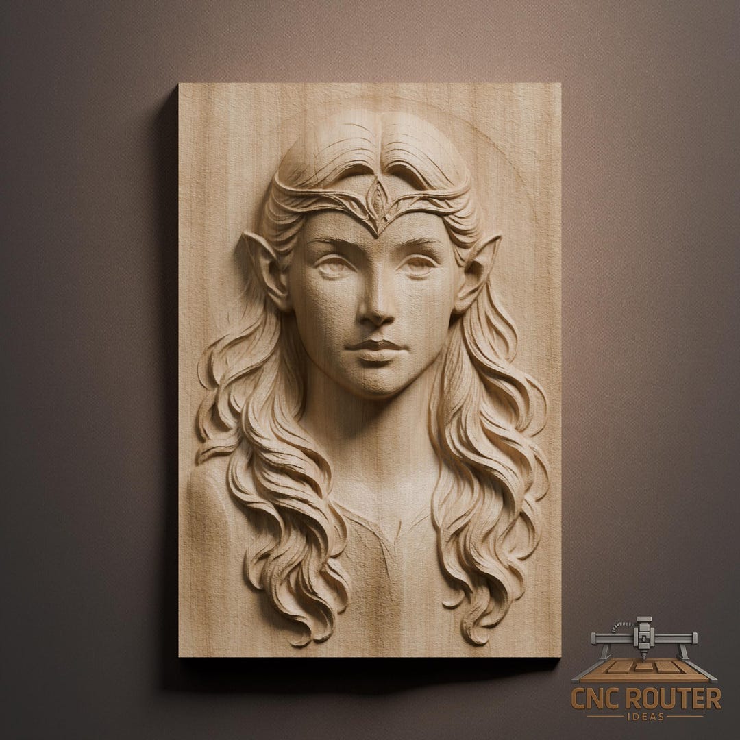 Elven Queen Portrait Relief – 3D Wood Carving STL File for CNC Router ...