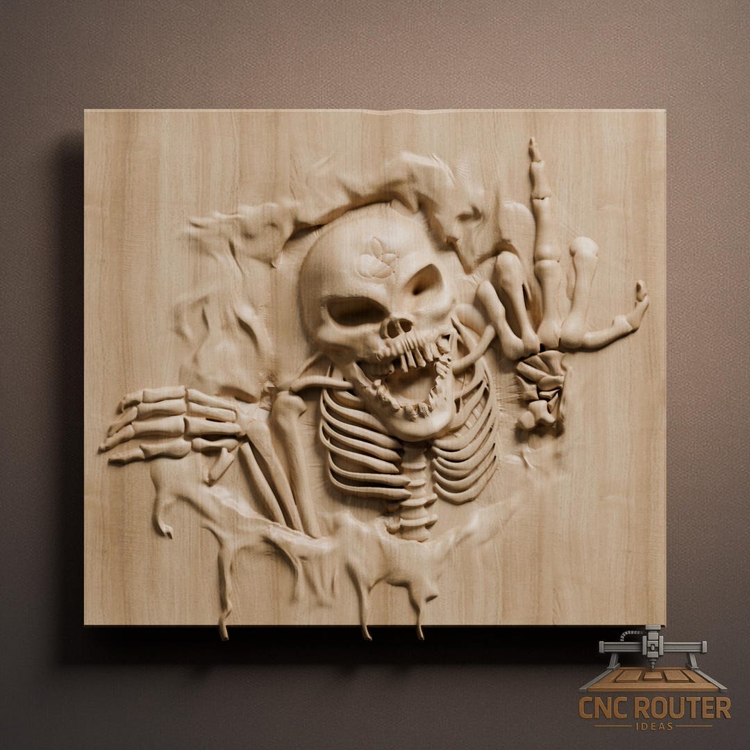 Skeleton Skull Middle Finger Relief – 3D Wood Carving STL File for CNC ...