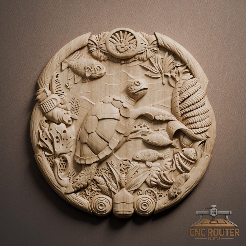 Sea Turtle Ocean World Relief – 3D Wood Carving STL File for CNC Router ...
