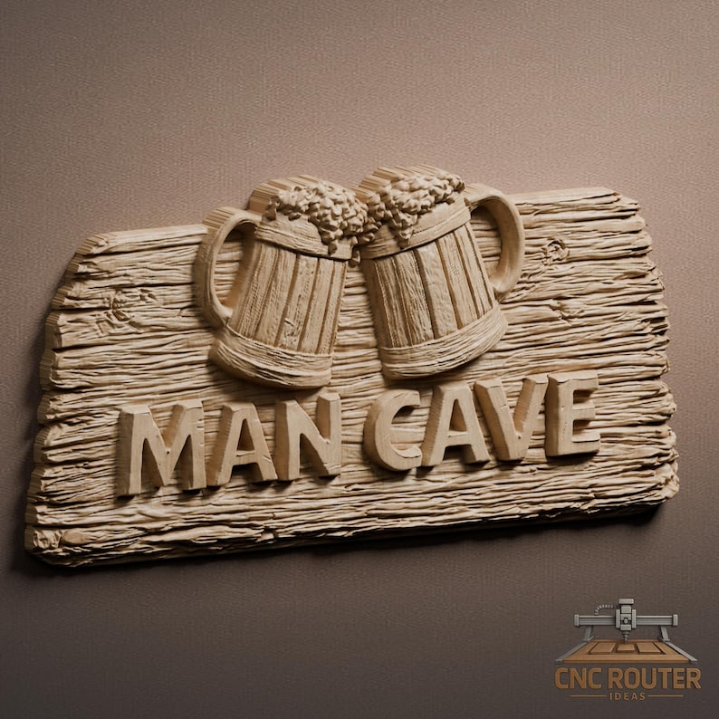 Man Cave Beer Mugs Sign Relief – 3D Wood Carving STL File for CNC ...