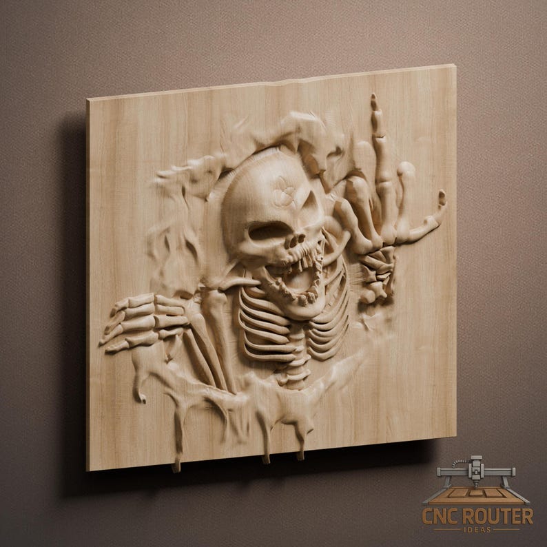Skeleton Skull Middle Finger Relief – 3D Wood Carving STL File for CNC ...