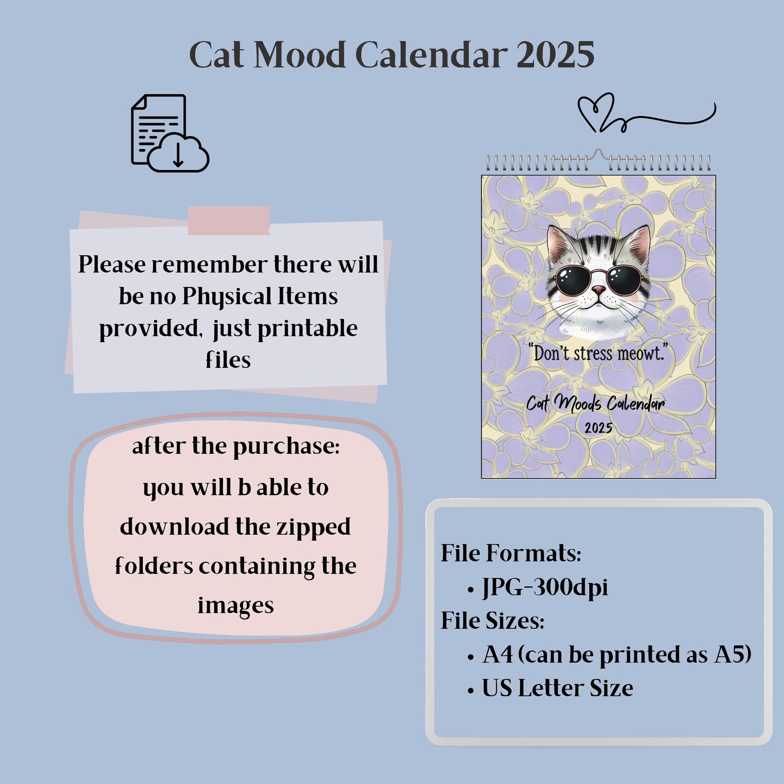 Cat Moods 2025 Monthly Calendar - Printable - Violet Background (sunday ...
