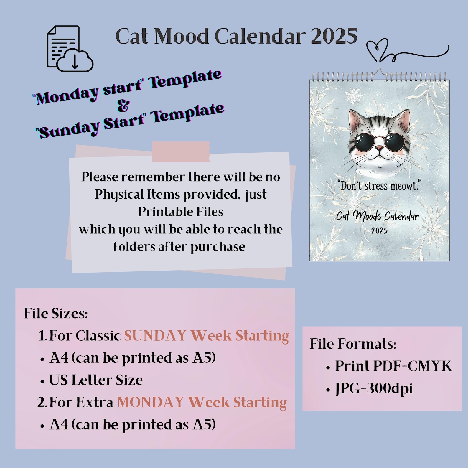 Cat Moods 2025 Monthly Calendar - Printable - Blue Background ...