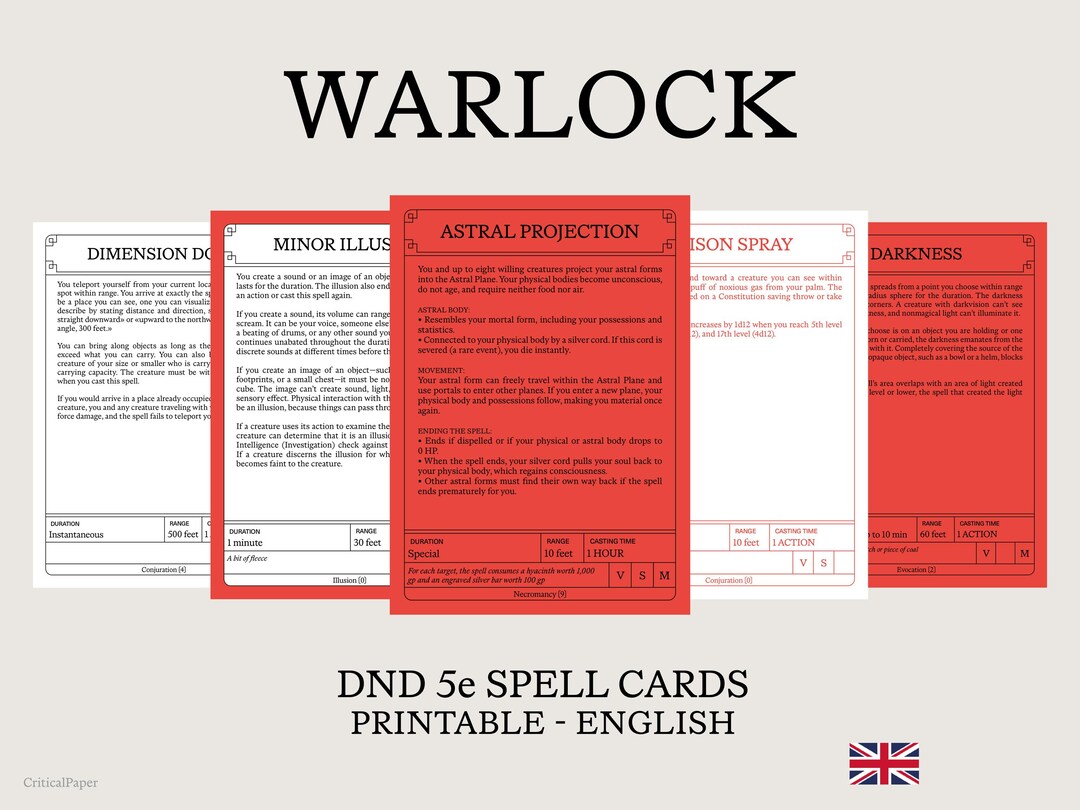 Dnd 5e Spell Cards in English | WARLOCK | D&D Accessories and Role ...