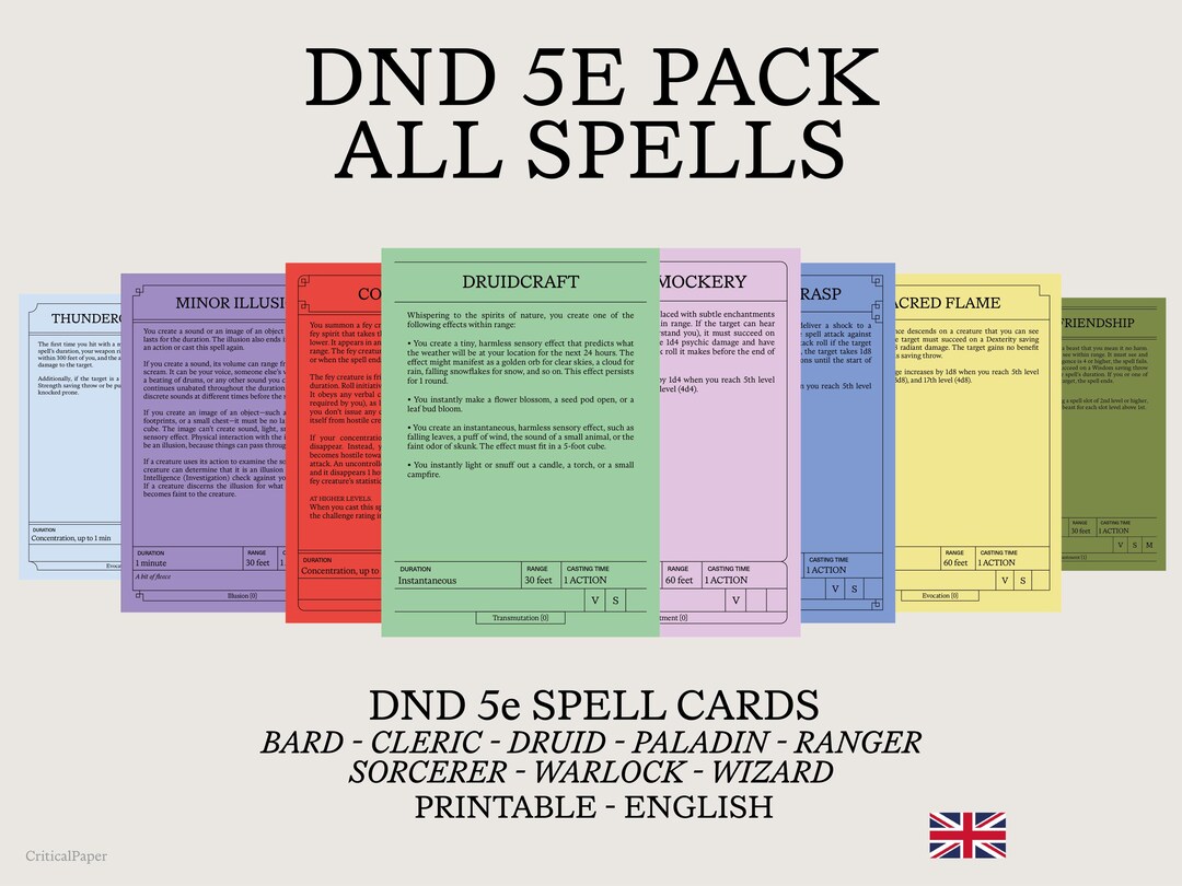 Complete D&D 5e Spell Card Set | Spellbook for All Classes ...