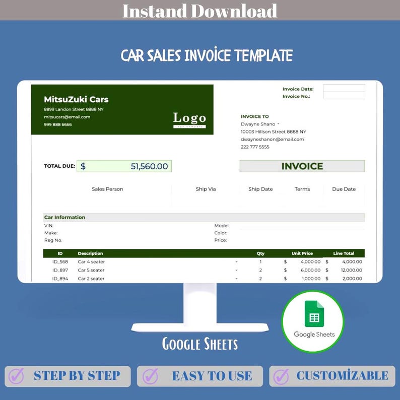 Car Sales Invoice Template Google Sheets for Vehicle Sale Documentation ...