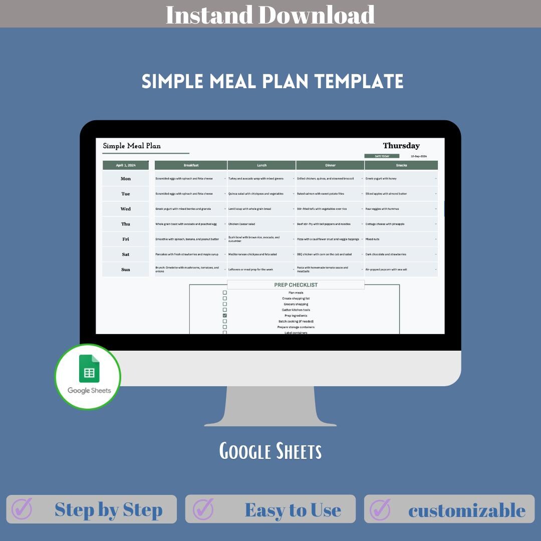 Simple Meal Plan Template, Digital Download, Editable Excel or Google ...