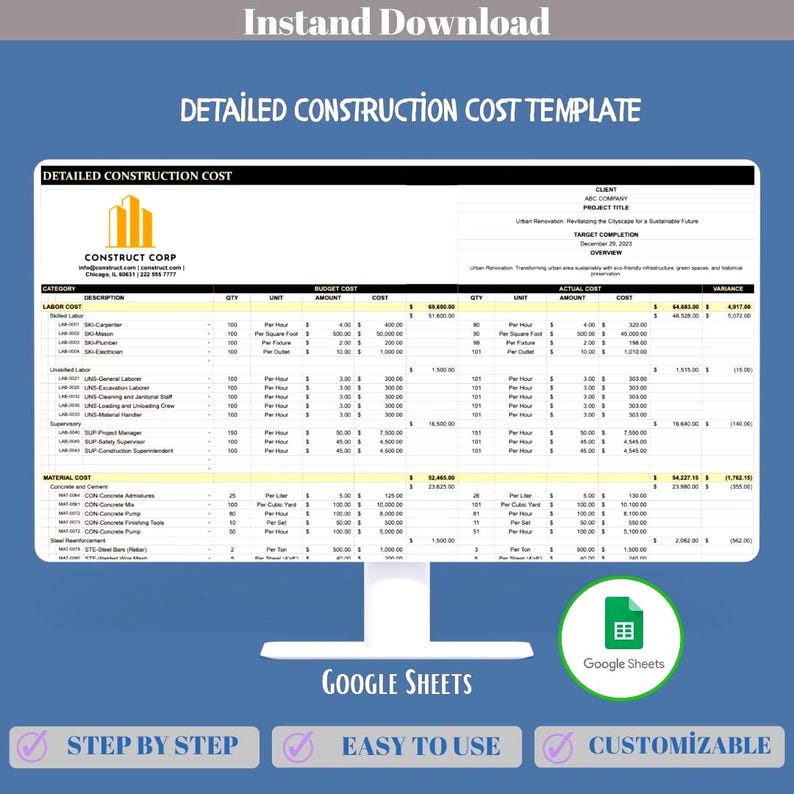 Detailed Construction Cost Tracker Google Sheets Construction Budget ...