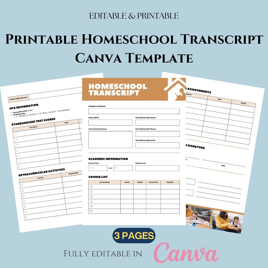 Printable Homeschool Transcript, Canva Editable Template, Student ...