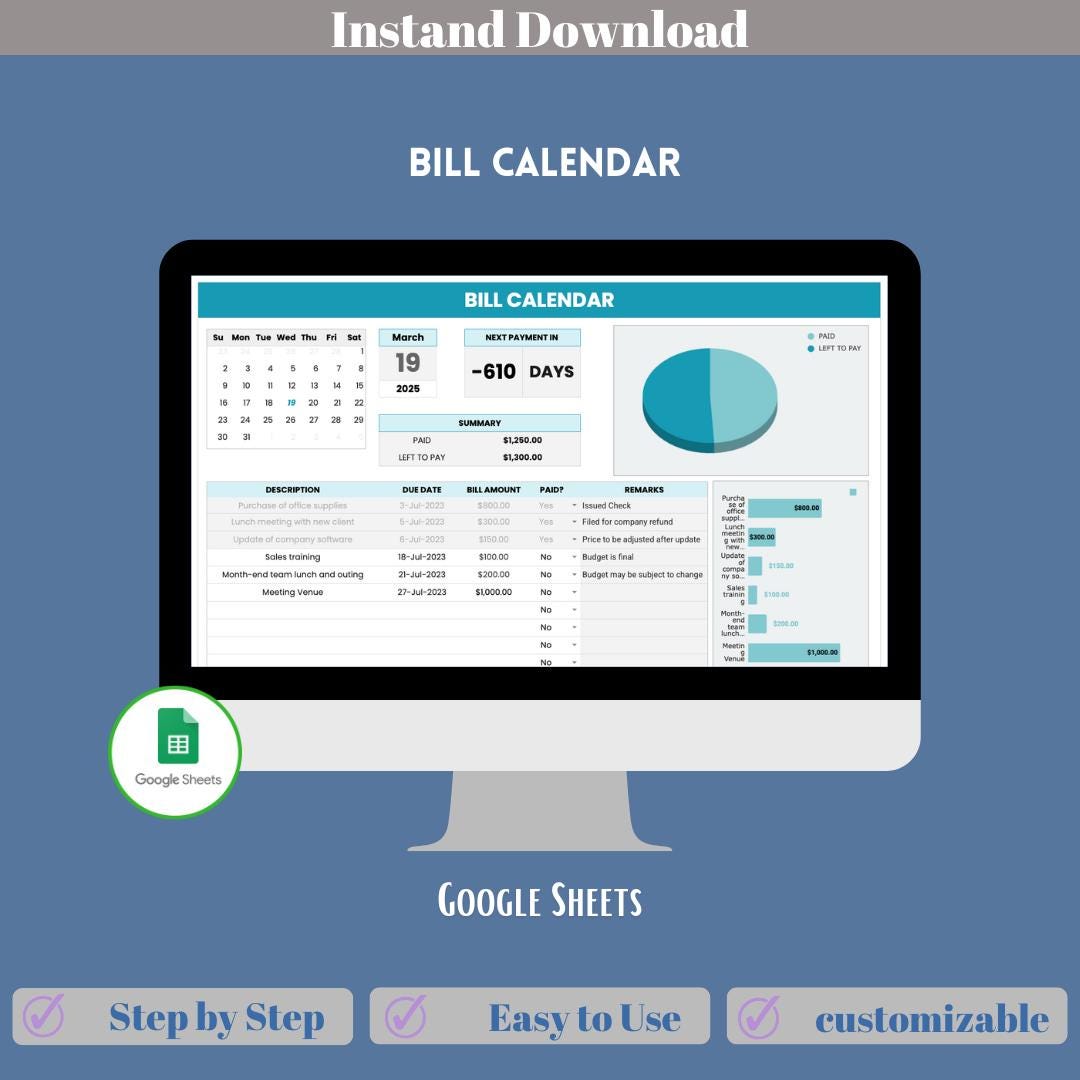 Bill Calendar Template, Monthly Payment Tracker, Bill Organizer, Due ...