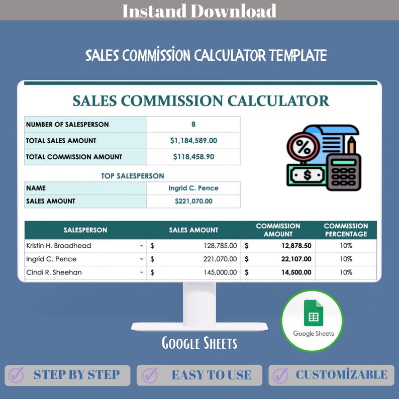 Sales Commission Calculator Template, Editable, Commission Tracker ...