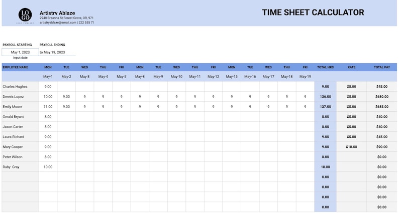 Timesheet Calculator for Small Business, Google Sheets Template to ...