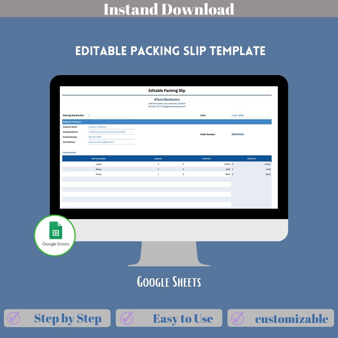 Editable Packing Slip Template,google Sheets,shipment Document,order ...