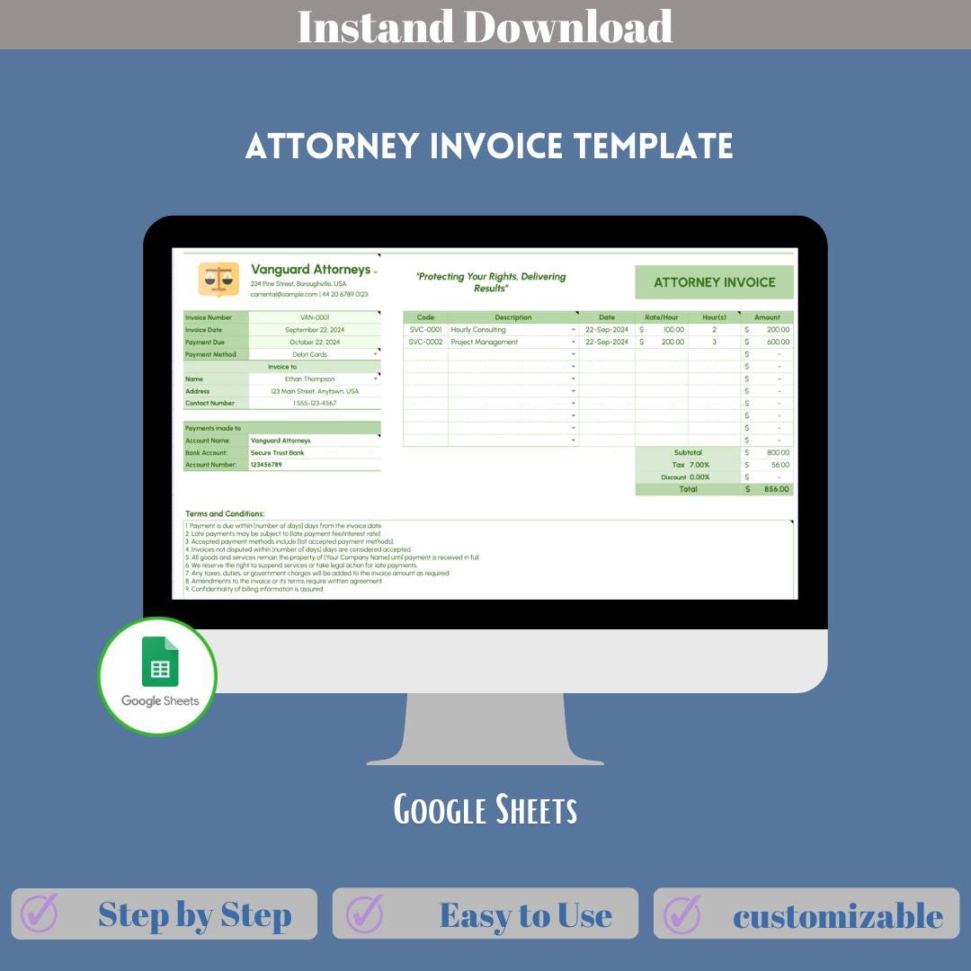 Attorney Invoice Template, Editable Digital Download, Google Sheets ...