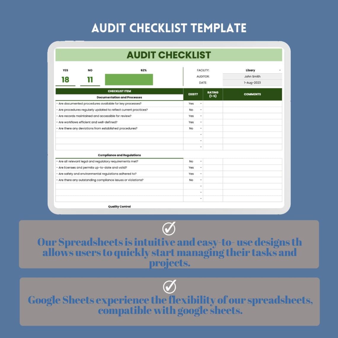 Audit Checklist Template, Digital Download, Editable Google Sheets ...