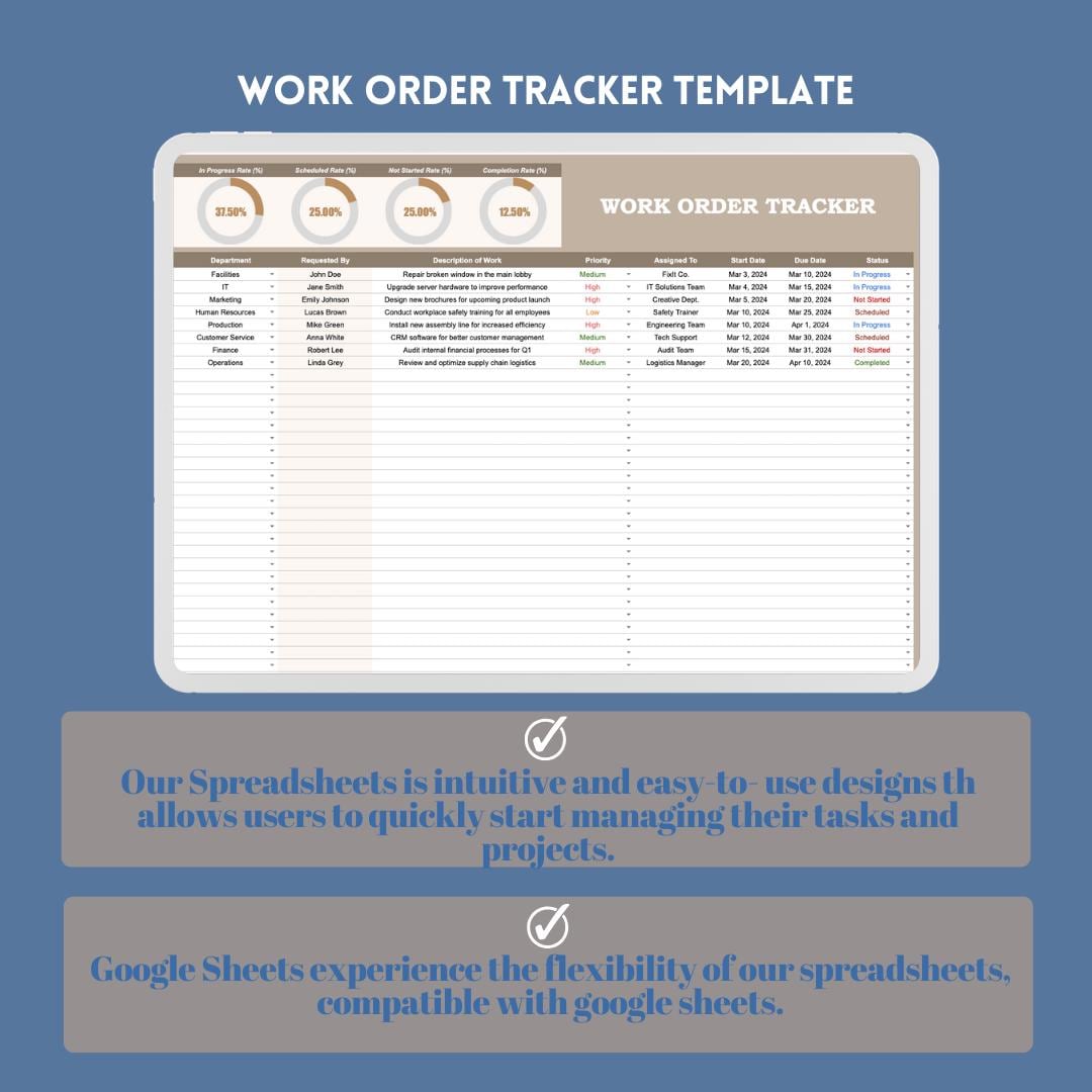 Work Order Tracker Template, Digital Download, Editable Google Sheets ...