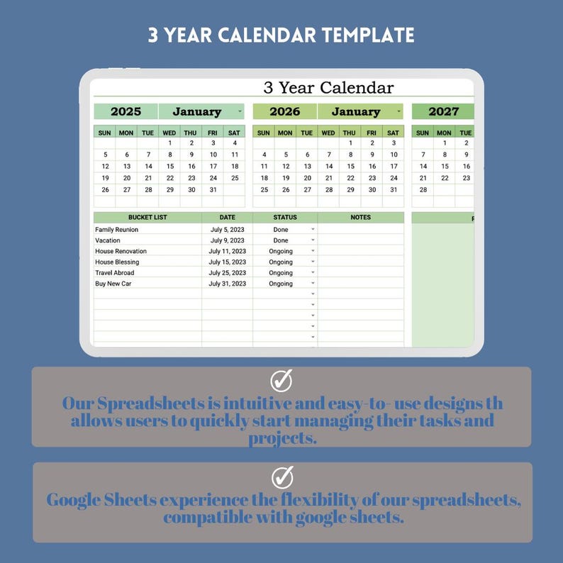 3 Year Calendar Template Google Sheets,editable Multi-year Planner,long ...