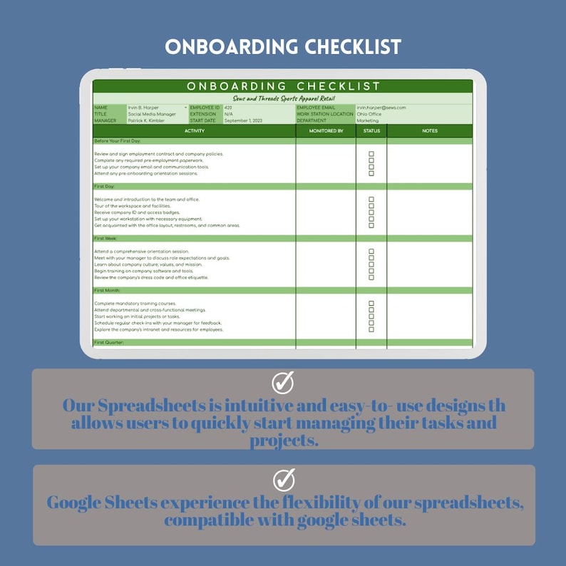 Onboarding Checklist Template for Small Business in Google Sheets, Easy ...