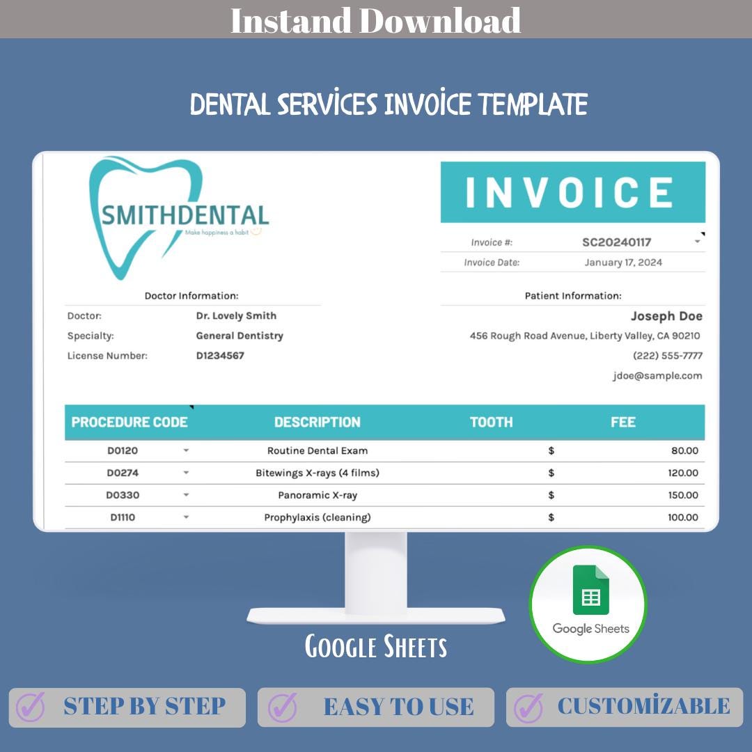 Dental Services Invoice Template Google Sheets, Editable Patient ...