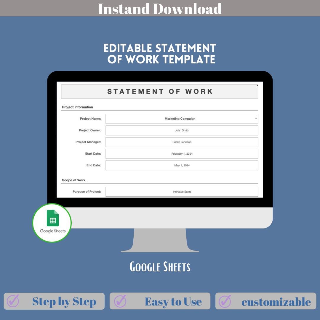 Editable Statement of Work Template, Digital Download, Customizable ...