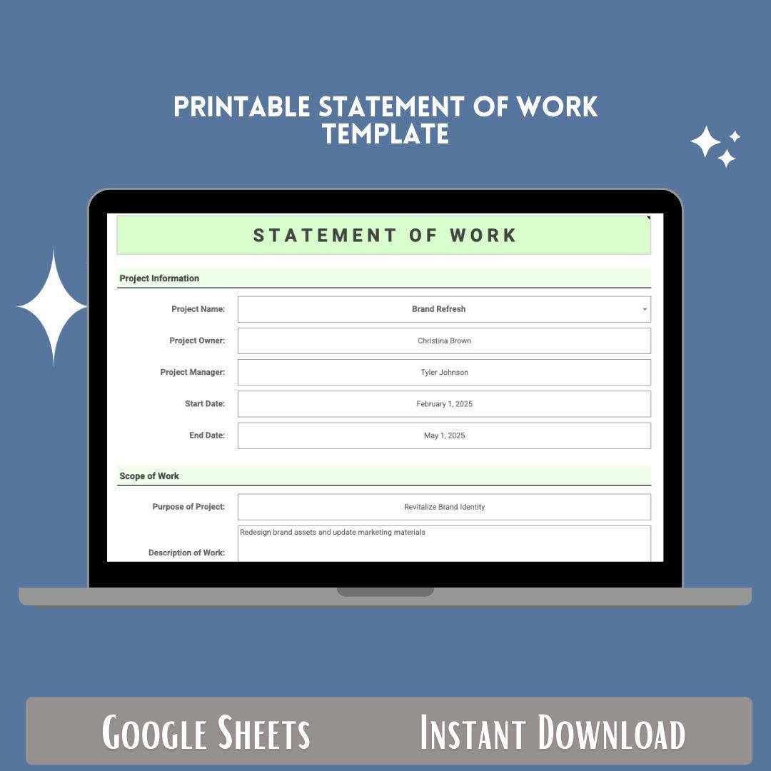 Printable Statement of Work Template, Digital Download, Editable, Easy ...