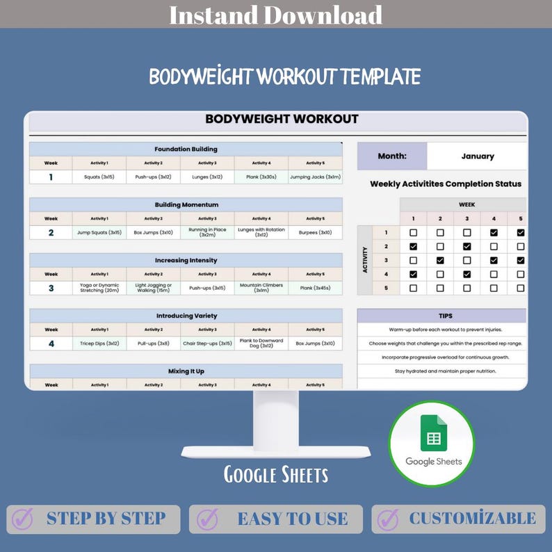 Bodyweight Workout Template, Digital Download, Editable Google Sheets ...